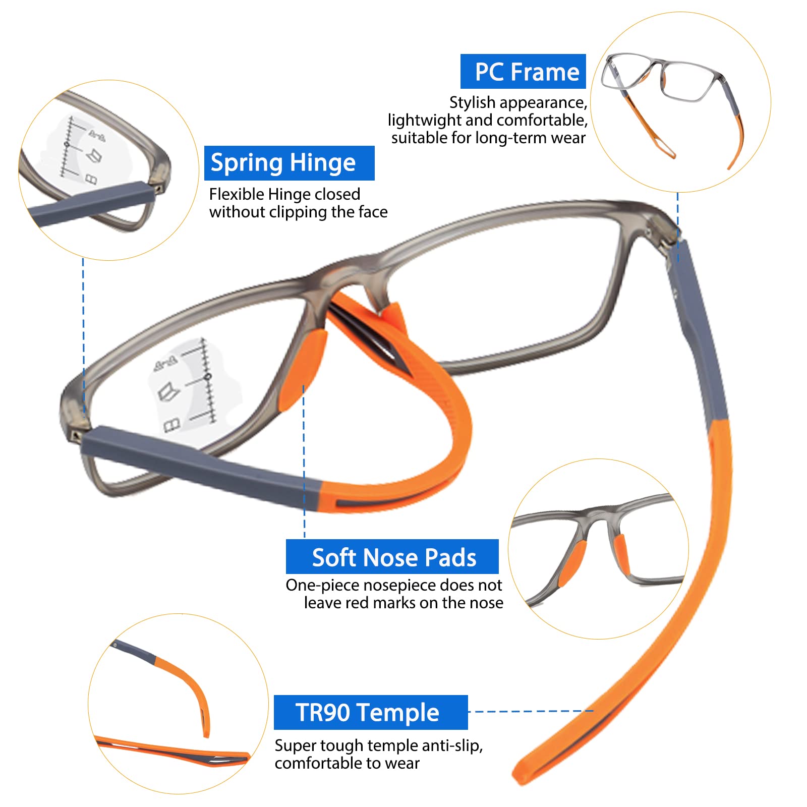 K.LAVER Photochromic Progressive Multifocus Reading Glasses Men Women Workspace Blue Light Blocker No Line Multifocal Readers With Spring Hinge TR90 Frame UV400 Protection Transition Sunglasses 2.5