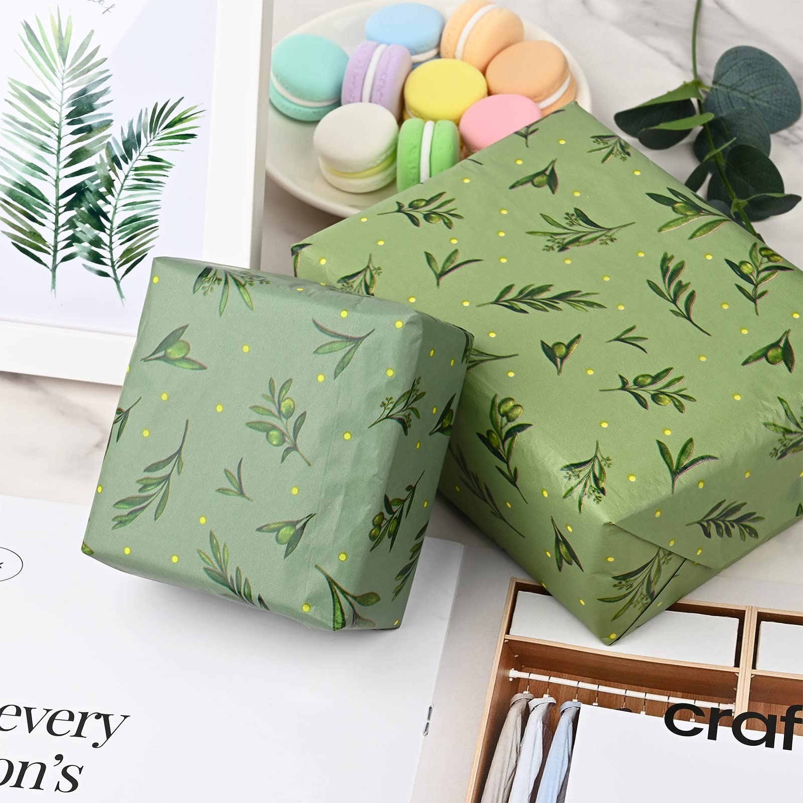 Bolsome 50 Sheets 20x14in Olive Leaf Tissue Paper, Green Wrap Tissue, Greenery Bontanical Tissue Paper for Boho Vibe Gift Bags Boho Plant Tissue for Baby Shower Birthday Wedding Party DIY Craft