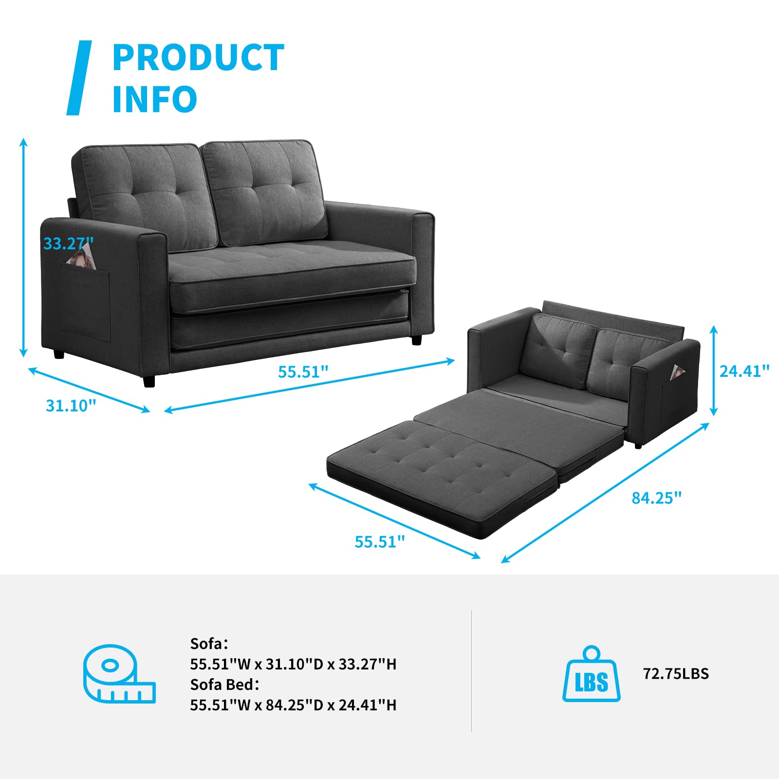 Mjkone Pull Out Sofa Bed, 3-in-1 Loveseat Sleeper Sofa Bed with 2 Side Pockets, 5.5" Tri-Fold Multi-Function Floor Gaming Sofa Bed, Fold Out Sofa Couches for Living Room/Bedroom/Office - Dark Grey