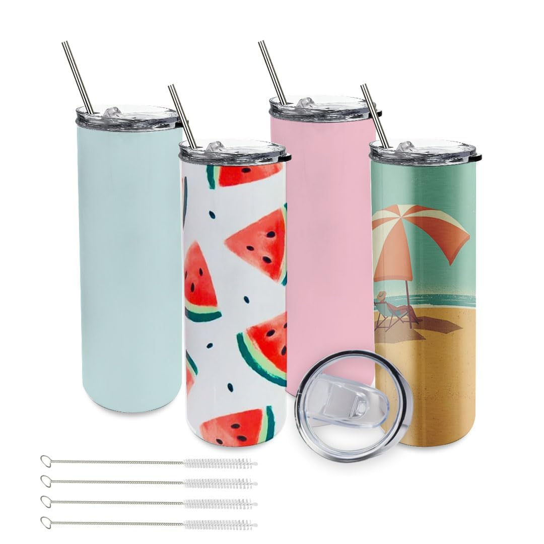 MODORATE Blank Sublimation Tumblers with Lids and Straws – 20 oz Straight Skinny Stainless Steel Tumbler with Shrink Wraps for DIY Sublimation – 4 Pcs Vacuum-Insulated White Tumblers