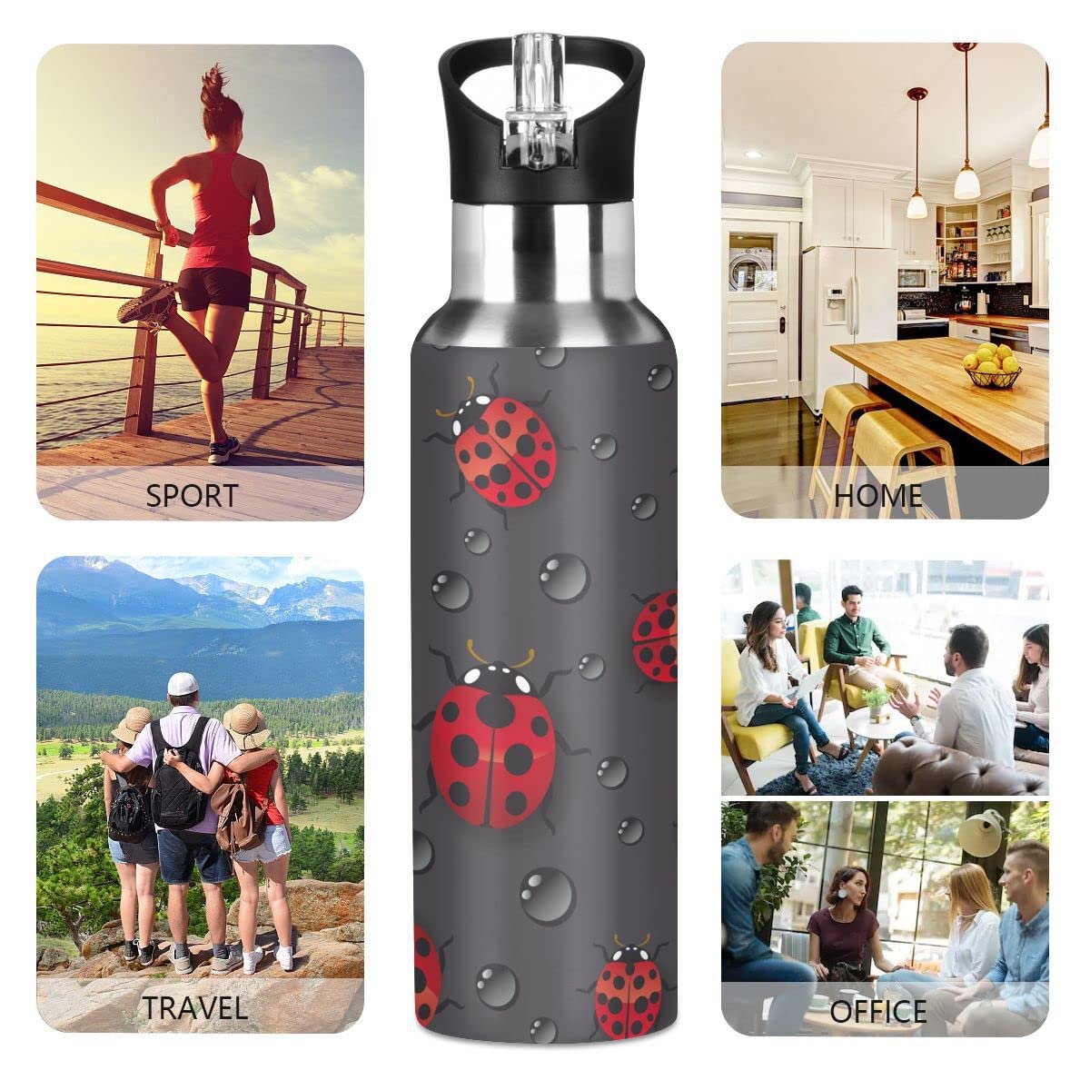 xigua Ladybug Water Bottle Double Walled Stainless Steel Leak Proof Thermo Flask for Sports Gym Cycling Outdoor,20 oz.