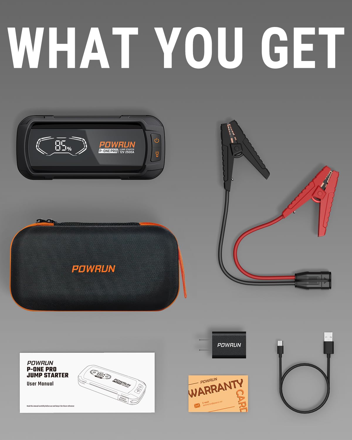 Powrun P-ONE PRO Jump Starter - 2500A Portable Jump Box for 8.5L Gas and 7.0L Diesel Engines, 12V Car Battery Pack With Carry Case