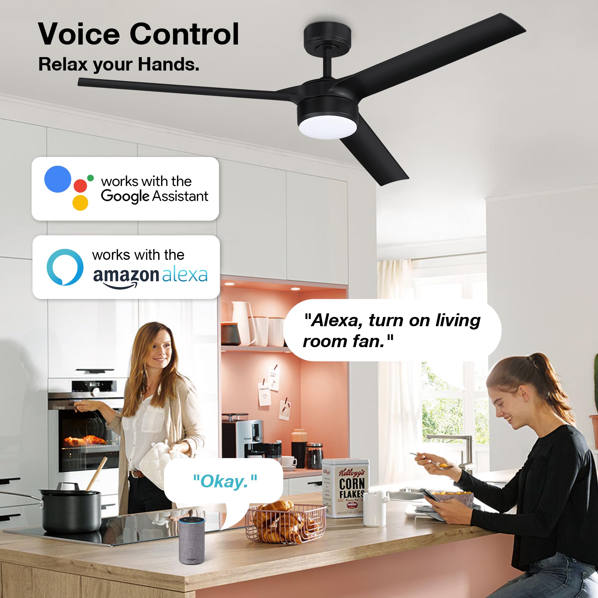 cumilo 60” Large Smart Ceiling Fans with LED Lights Remote,Indoor Outdoor Black Ceiling Fan Controlled by WIFI Alexa App,Quiet DC Motor,6-speed,Dimmable,Modern 3 Blades for Bedroom Living Room Patio