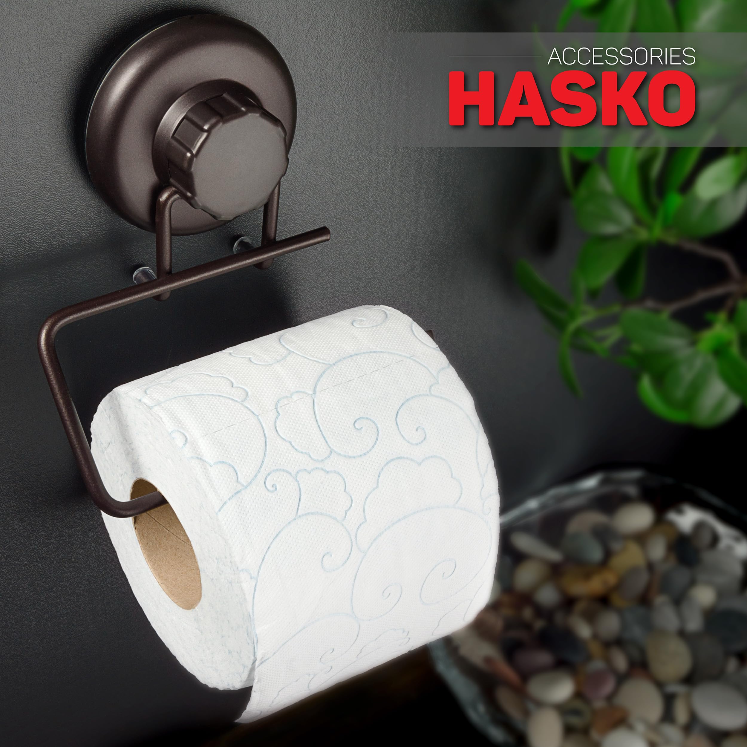 HASKO accessories - Powerful Vacuum Suction Cup Toilet Paper Holder β Wall Mount No Drilling Bathroom Stainless Steel Tissue Roll Dispenser β Adhesive 3M Stick Disc Included (Bronze)