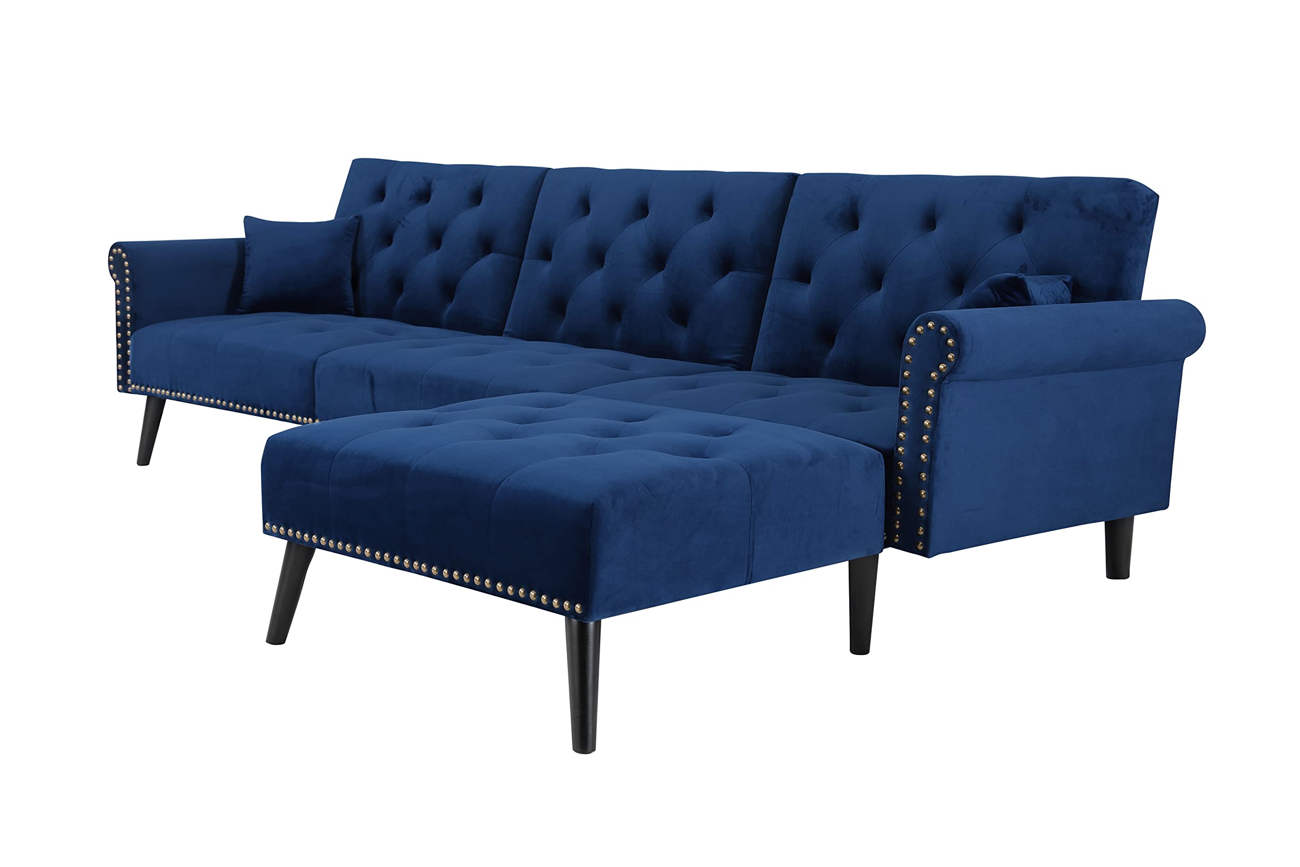 KoiHome Sectional Sofa Right Hand Facing Velvet Button Tufted, L Shape Chaise with Nail Head Detail, Conical Wood Leg, 2 Pillows, Modern & Elegant, Home Furniture for Living Room,Office, Blue