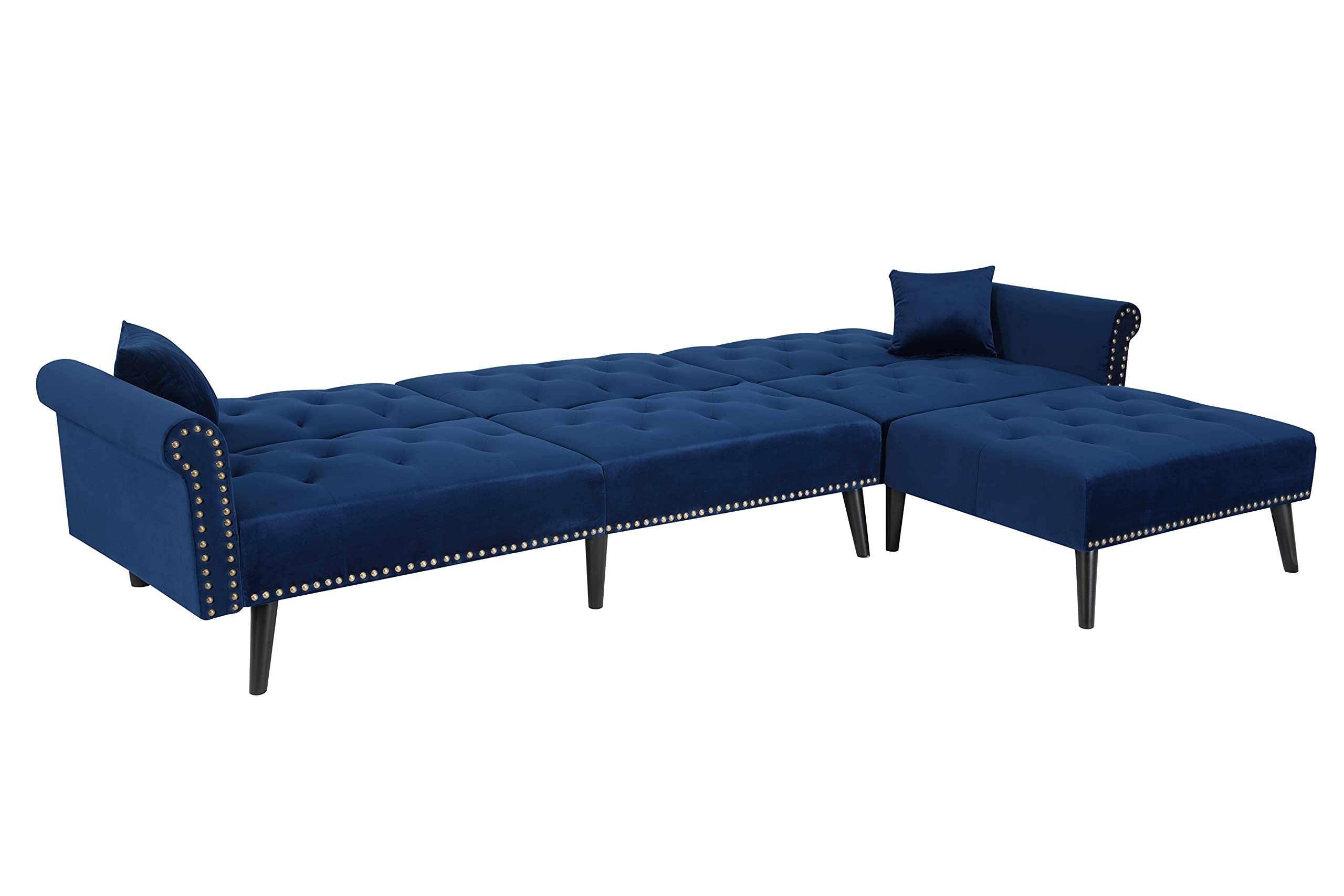 KoiHome Sectional Sofa Right Hand Facing Velvet Button Tufted, L Shape Chaise with Nail Head Detail, Conical Wood Leg, 2 Pillows, Modern & Elegant, Home Furniture for Living Room,Office, Blue