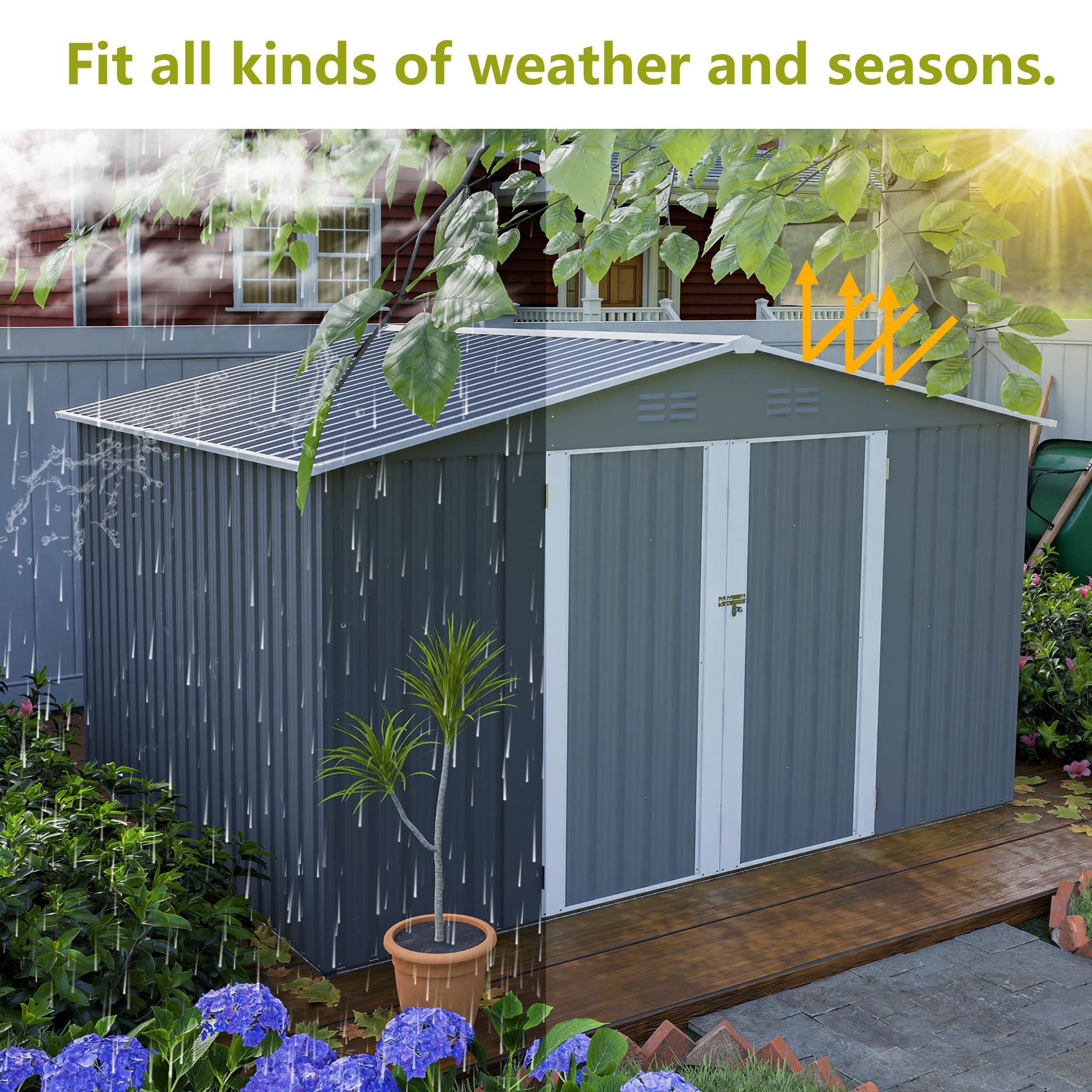 Evedy Outdoor Shed - 10 x 8 FT Storage Sheds Galvanized Metal Shed with Slide Door, Tool Storage Backyard Shed Bike Shed, Tiny House Garden Tool Storage Shed for Backyard Patio Lawn