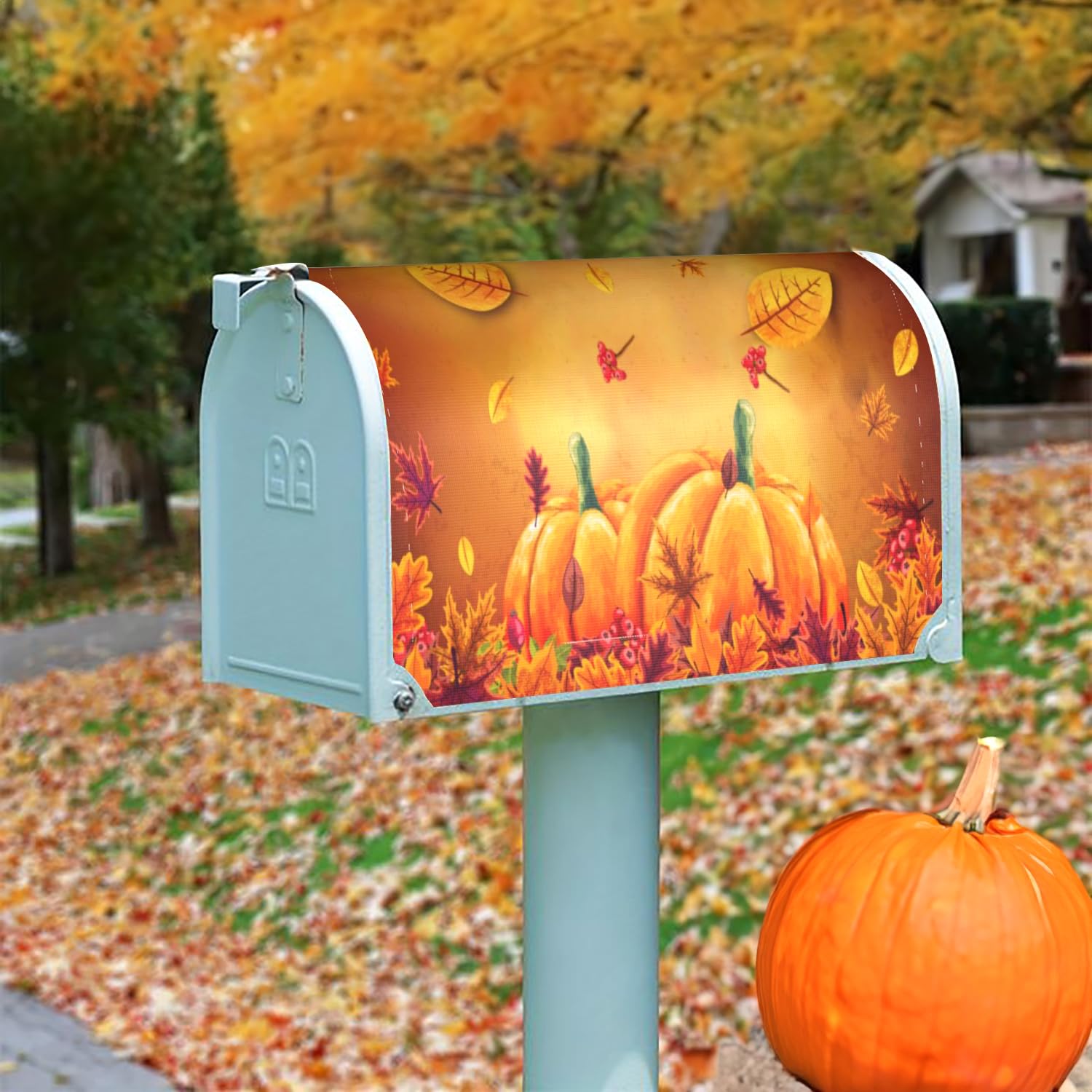 Fall Mailbox Covers Magnetic Pumpkin Leaf Thanksgivin Letter Post Box Cover Wrap Decoration Welcome Home Garden Outdoor Yard Outside Farmhouse Home Decor 21" Lx 18" W