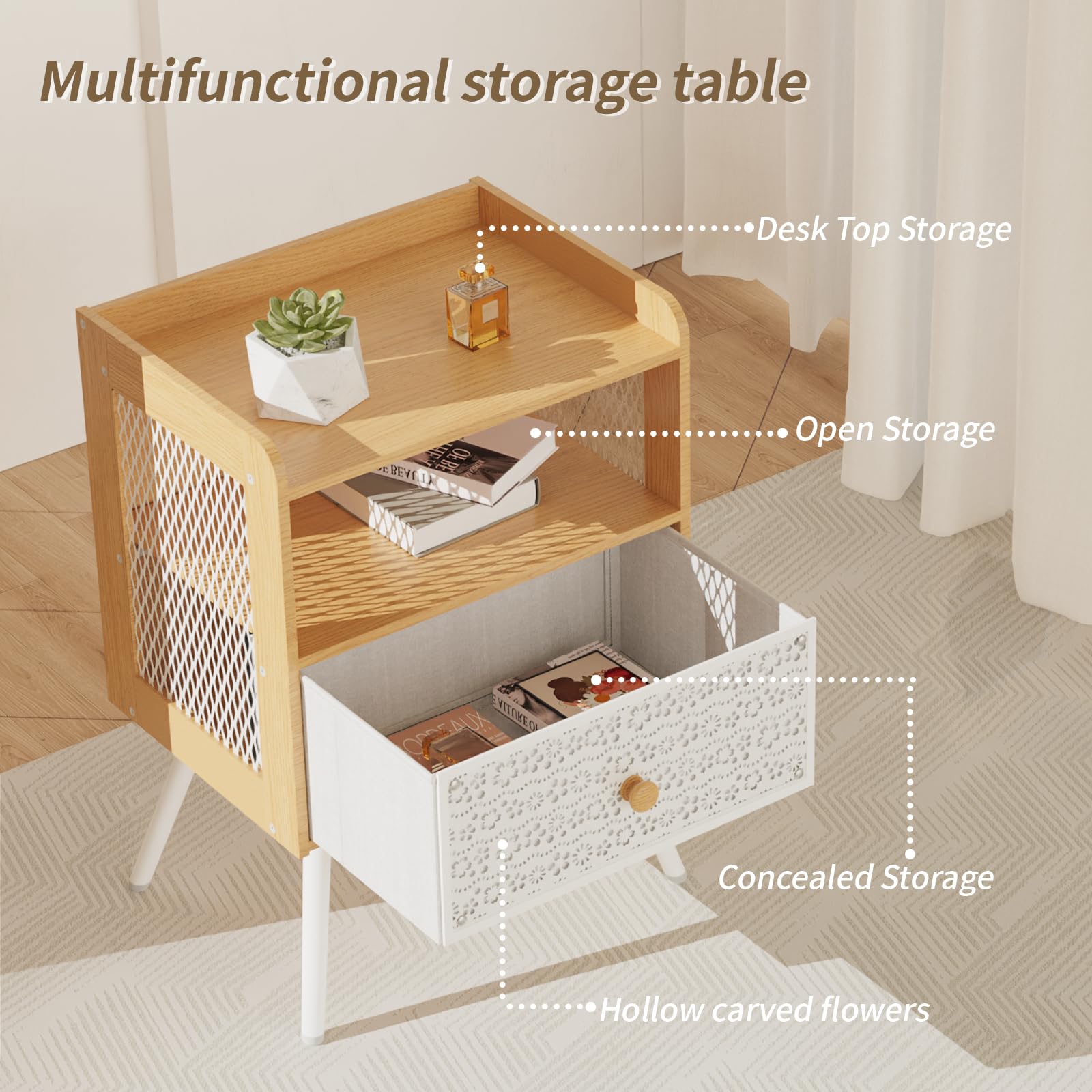 Nightstand, Bedside Table with Metal Drawers, End Table with Open Shelf, 2-Tier Open Adjustable Metal Floral Drawer Night Stand for Sofa Side Table, Bedroom Bedside Table, Maple White