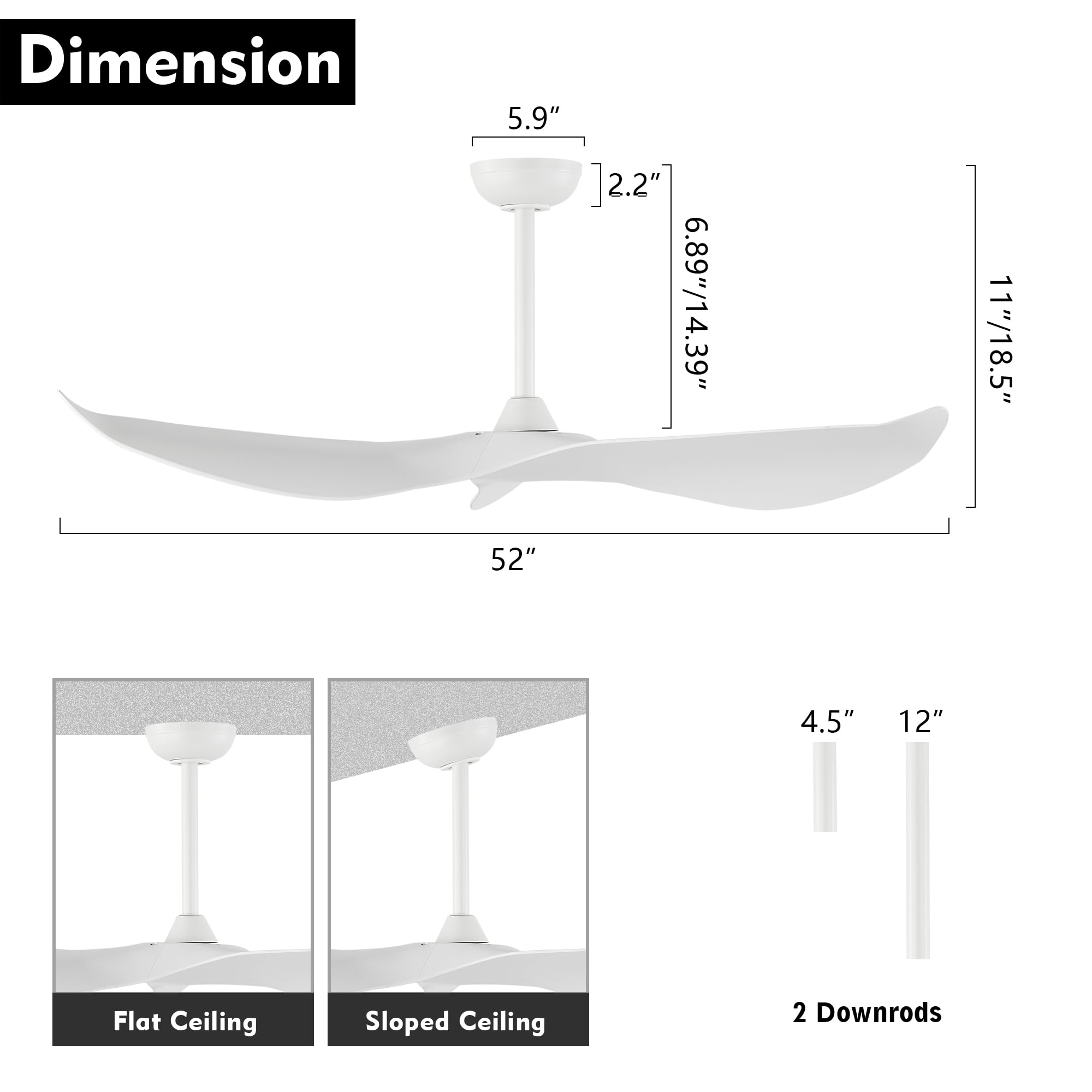 LEDLUX 52" Ceiling Fan no Light, 6 Speed Remote Control, Noiseless Reversible DC Motor, Modern 3 ABS Blades Ceiling Fan with 4.5"/12" Downrods for Bedroom/Living Room/Kitchen White