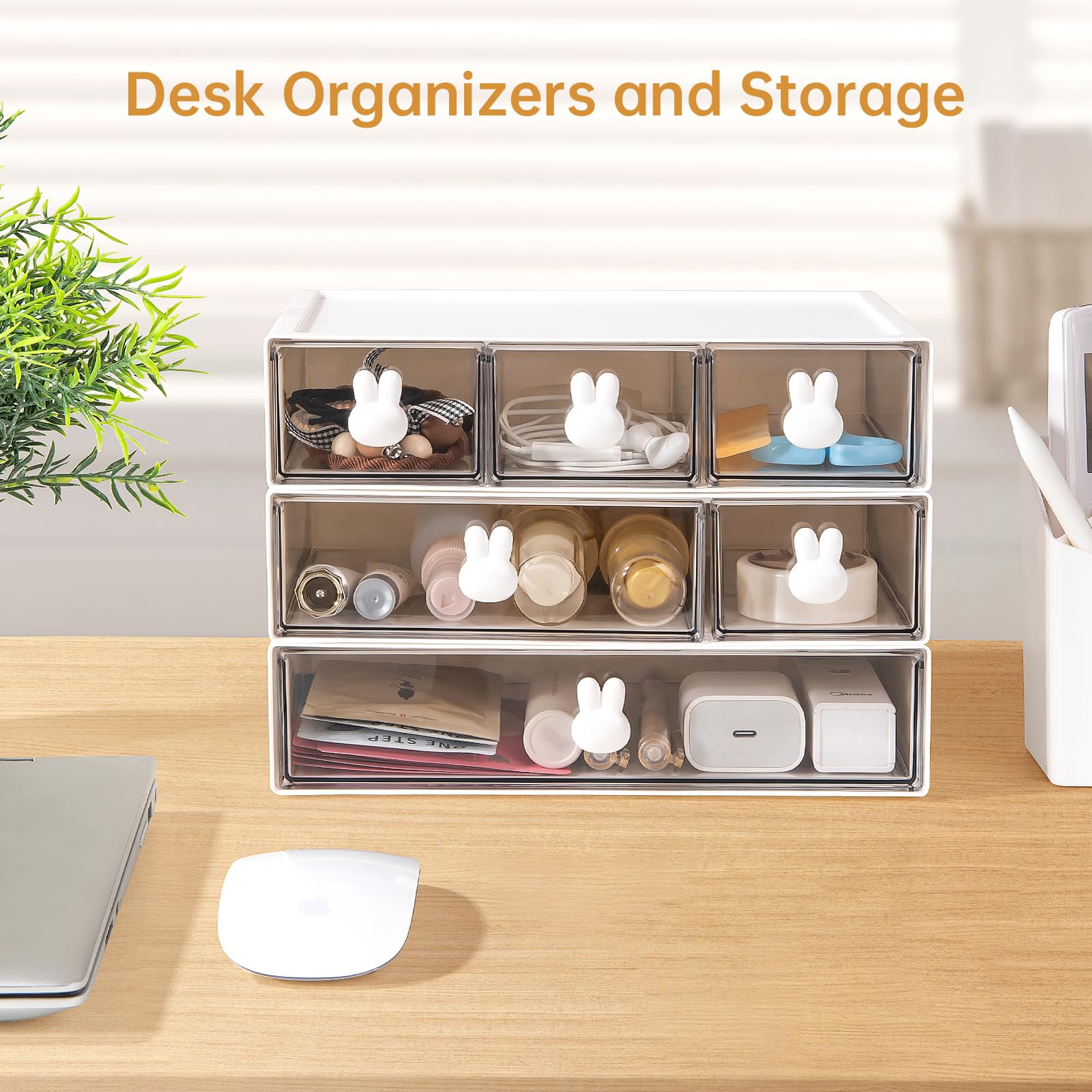 BEYGORM Desk Organizer with 6 Drawers - 3 Tier Kawaii Stackable Plastic Desk Accessories & Workspace Organizers,Aesthetic Office Supplies,Desktop Organization Art Storage for Makeup Pen(White)