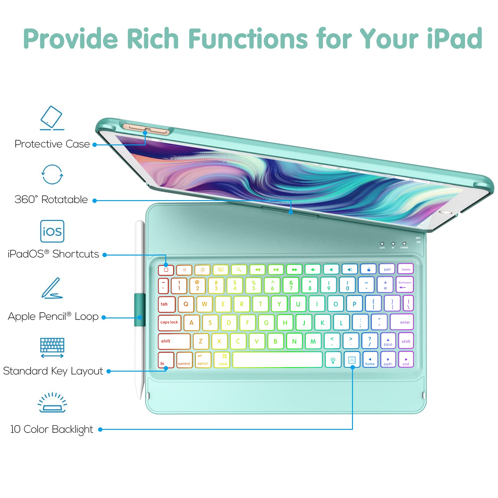 iPad 9th Generation Case with Keyboard and Apple Pencil,Stylus Pen for iPad(2018-2023) 15mins Fast Charge,Palm Rejection iPad Pencil,10 Color Backlit Bluetooth Keyboard Case with Pencil Holder