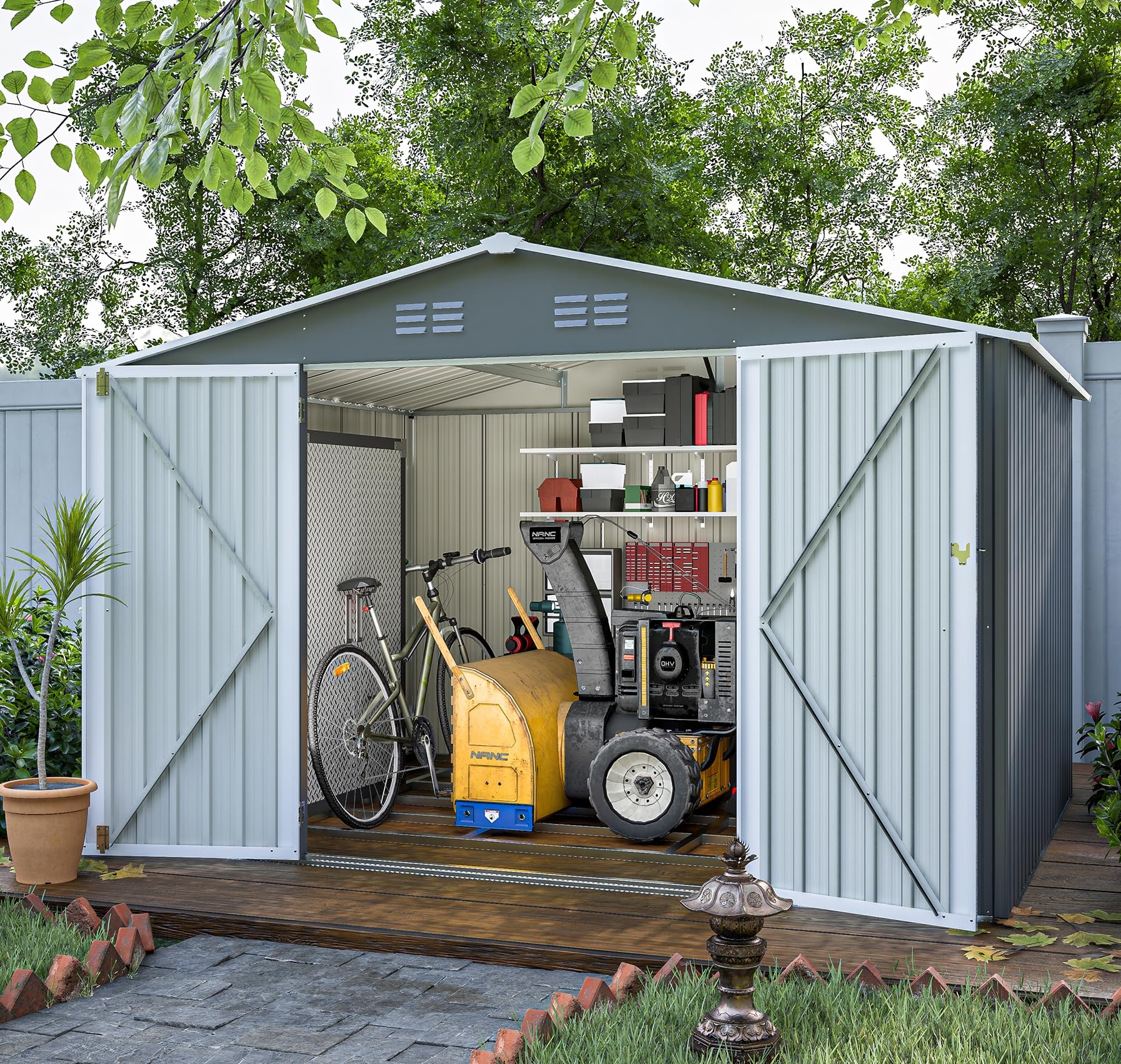 Evedy Outdoor Shed - 10 x 8 FT Storage Sheds Galvanized Metal Shed with Slide Door, Tool Storage Backyard Shed Bike Shed, Tiny House Garden Tool Storage Shed for Backyard Patio Lawn