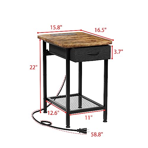GYIIYUO Nightstands Set of 2 with Charging Station and Fabric Storage Drawer,16.5" x 15.8" Side Table with Storage for Bedroom, Bedside Tables with Steel Fram, Rustic Brown and Black
