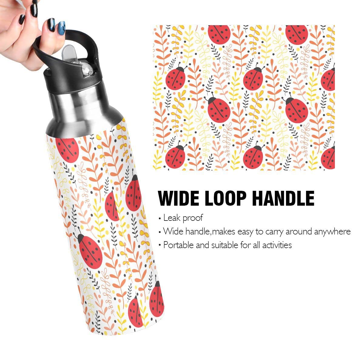 xigua Ladybug Water Bottle Double Walled Stainless Steel Leak Proof Thermo Flask for Sports Gym Cycling Outdoor,20 oz.