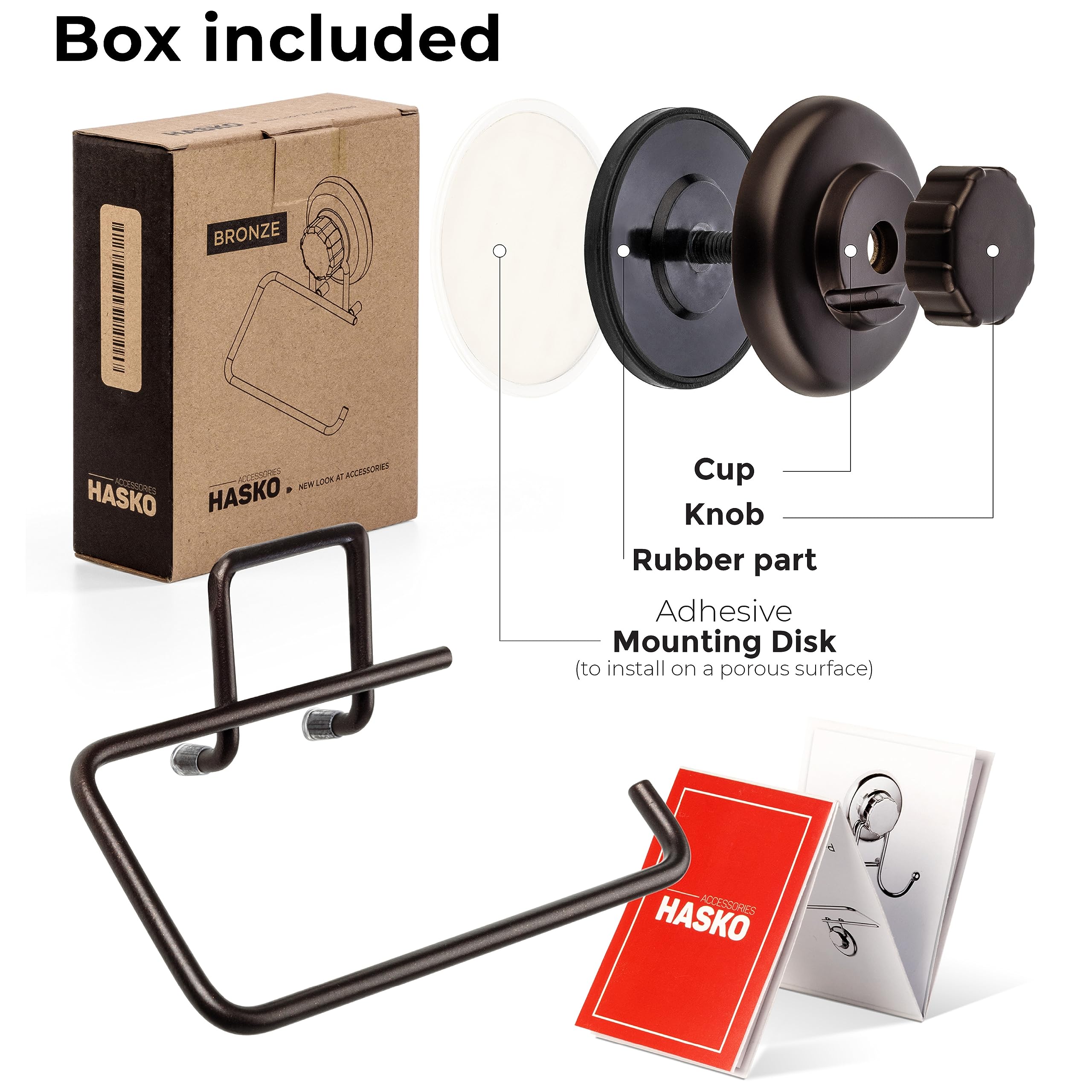 HASKO accessories - Powerful Vacuum Suction Cup Toilet Paper Holder β Wall Mount No Drilling Bathroom Stainless Steel Tissue Roll Dispenser β Adhesive 3M Stick Disc Included (Bronze)