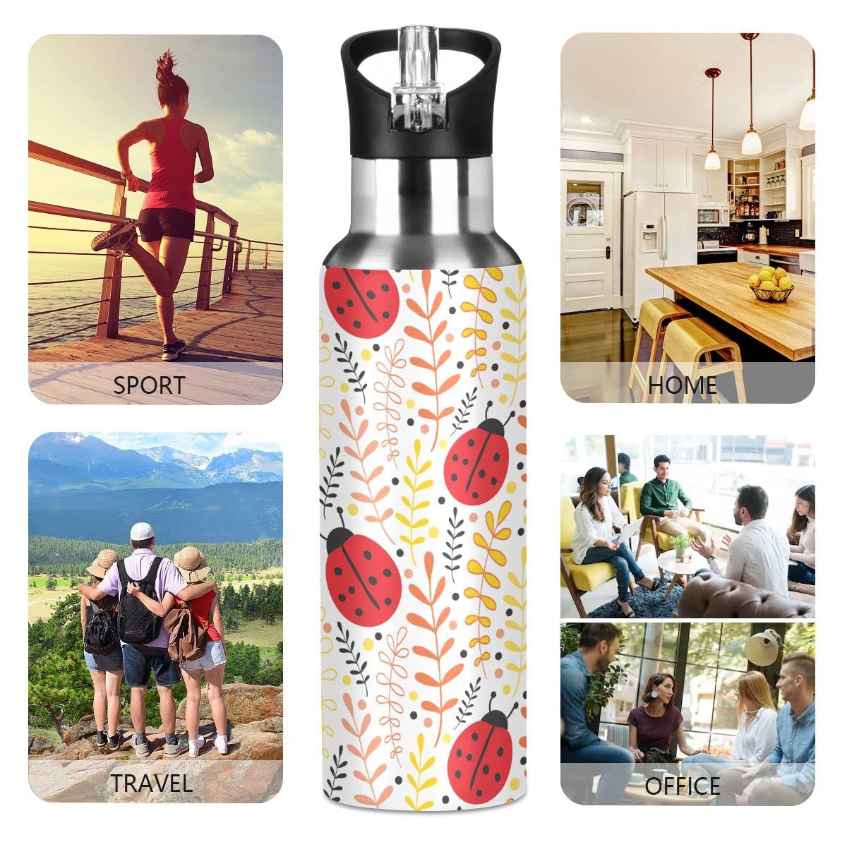 xigua Ladybug Water Bottle Double Walled Stainless Steel Leak Proof Thermo Flask for Sports Gym Cycling Outdoor,20 oz.