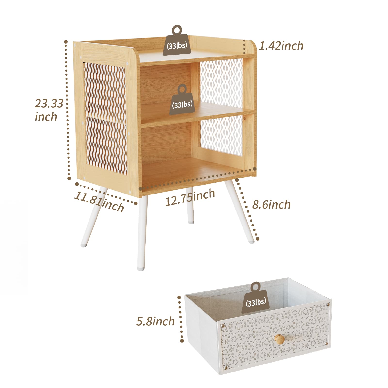 Nightstand, Bedside Table with Metal Drawers, End Table with Open Shelf, 2-Tier Open Adjustable Metal Floral Drawer Night Stand for Sofa Side Table, Bedroom Bedside Table, Maple White