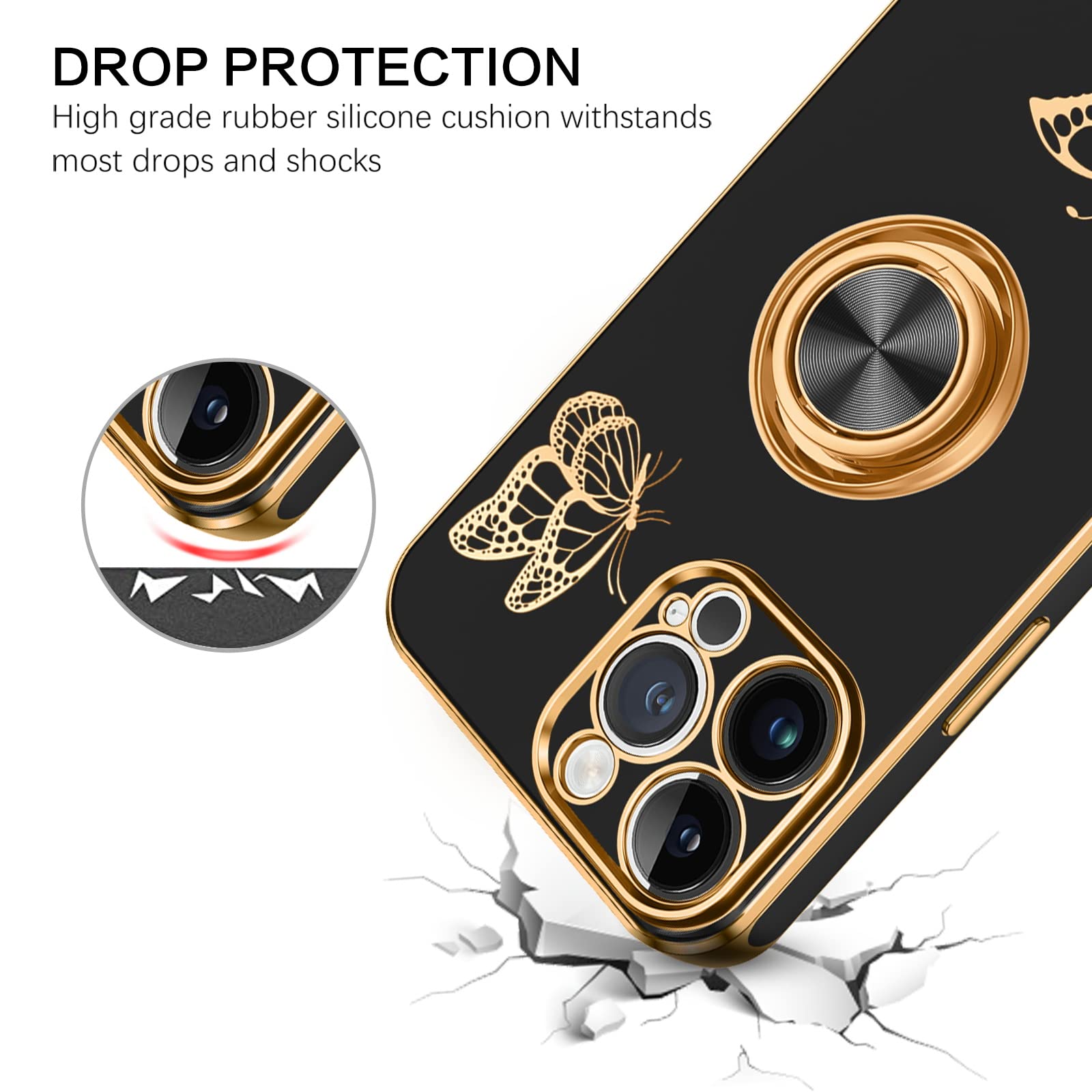 BENTOBEN for iPhone 14 Pro Max Case with Ring Holder, Butterfly Design Women Girl Phone Case Slim Fit Luxury Shockproof Non-Slip Support Car Mount Protective Case for iPhone 14 Pro Max 6.7",Black