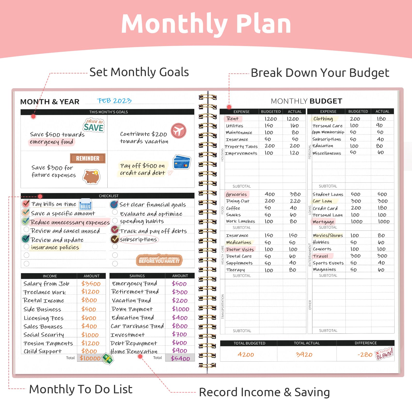 Budget Planner - Monthly Budget Book with Expense Tracker Notebook, Undated Bill Organizer & Finance Planner to Take Control of Your Money, 2024-2025 Account Book to Manage Your Finances-Pink
