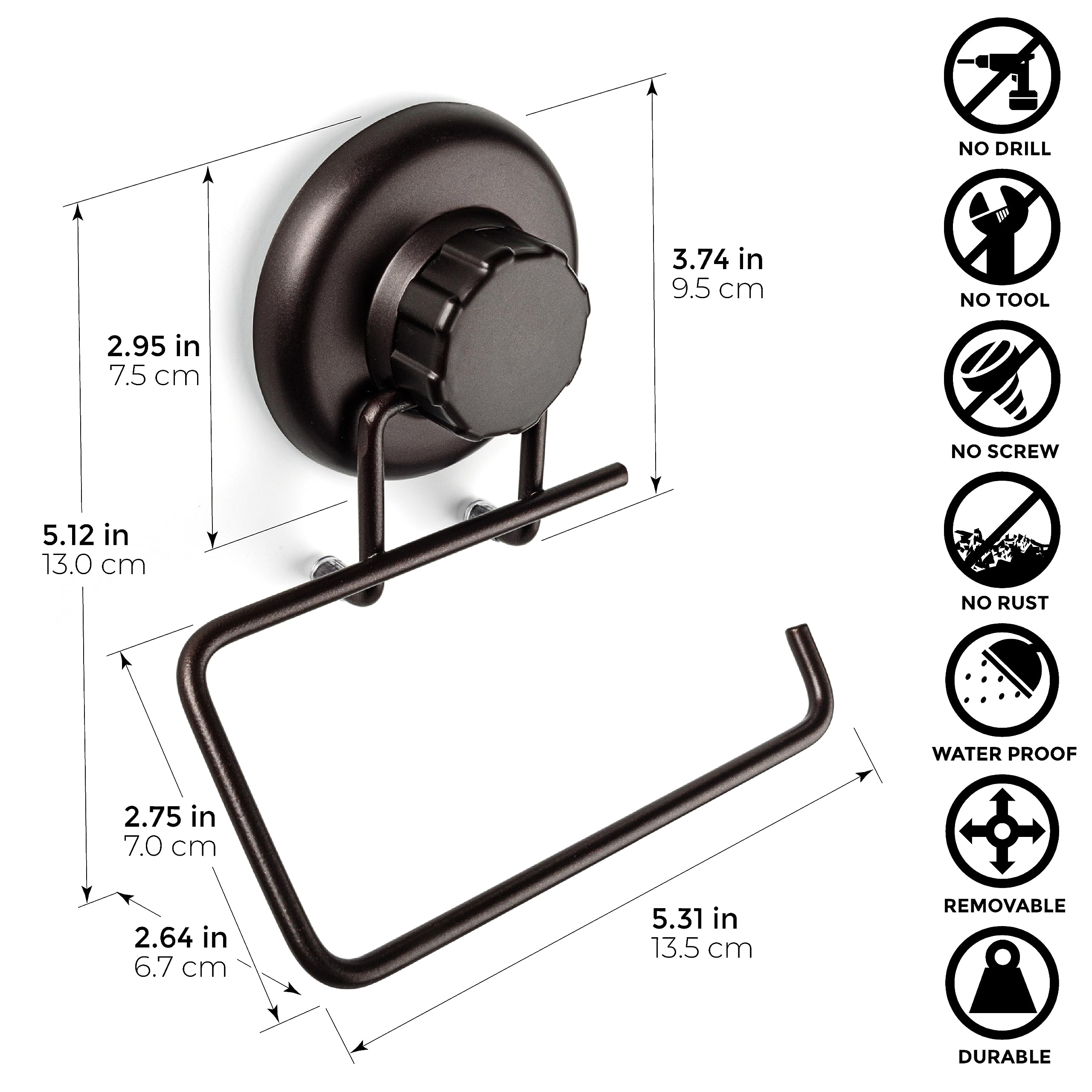 HASKO accessories - Powerful Vacuum Suction Cup Toilet Paper Holder β Wall Mount No Drilling Bathroom Stainless Steel Tissue Roll Dispenser β Adhesive 3M Stick Disc Included (Bronze)