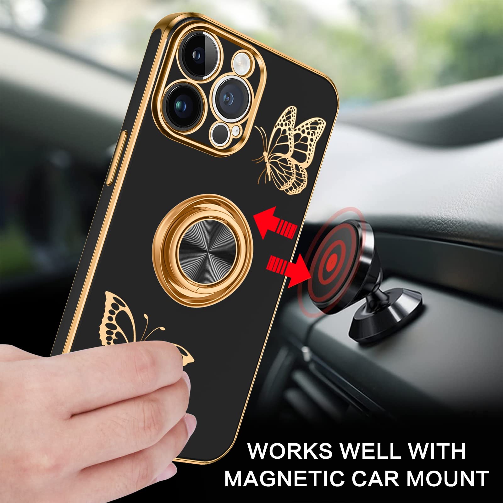 BENTOBEN for iPhone 14 Pro Max Case with Ring Holder, Butterfly Design Women Girl Phone Case Slim Fit Luxury Shockproof Non-Slip Support Car Mount Protective Case for iPhone 14 Pro Max 6.7",Black