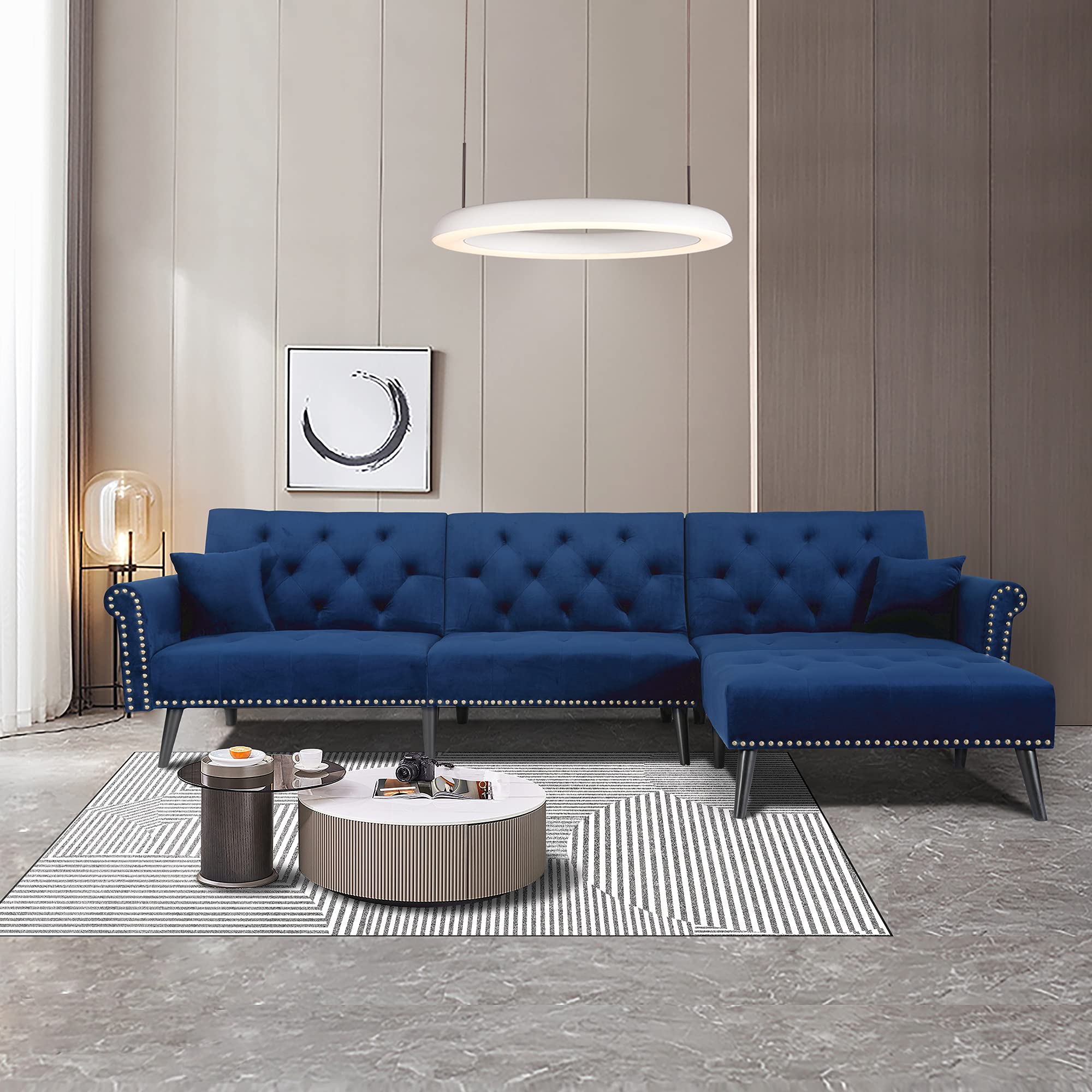 KoiHome Sectional Sofa Right Hand Facing Velvet Button Tufted, L Shape Chaise with Nail Head Detail, Conical Wood Leg, 2 Pillows, Modern & Elegant, Home Furniture for Living Room,Office, Blue