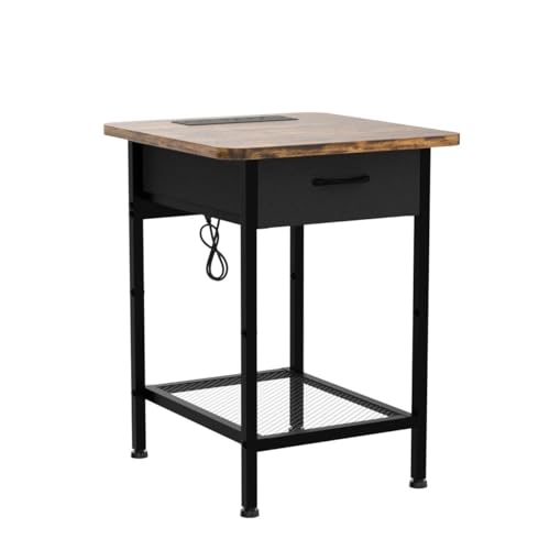 GYIIYUO Nightstands Set of 2 with Charging Station and Fabric Storage Drawer,16.5" x 15.8" Side Table with Storage for Bedroom, Bedside Tables with Steel Fram, Rustic Brown and Black
