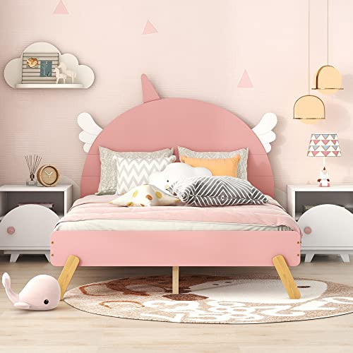 SOFTSEA Pink Full Bed Frame for Girls, Kids Cute Bed Frame Full Bed Frame with Headboard, Wood Platform Bed Frame for Kids, No Box Spring Needed Easy Assemble