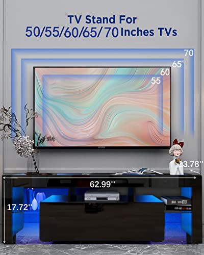 LED TV Stand for 70 Inch TV, Entertainment Center with Storage, Tall Black Modern 65 60 55 50 Stands Living Room