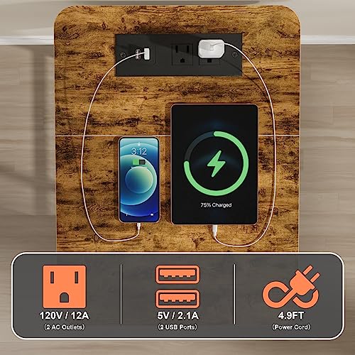 GYIIYUO Nightstands Set of 2 with Charging Station and Fabric Storage Drawer,16.5" x 15.8" Side Table with Storage for Bedroom, Bedside Tables with Steel Fram, Rustic Brown and Black
