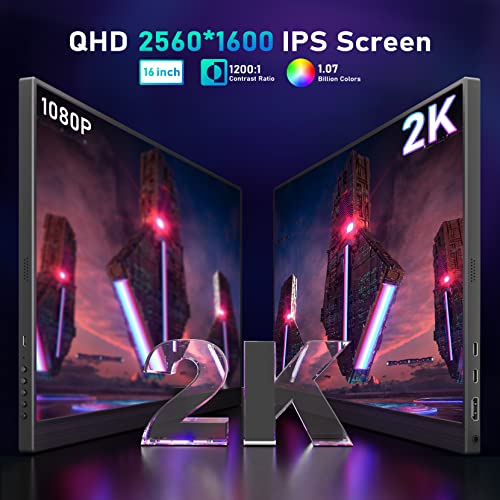 HONGO 2K 16" Portable Gaming Monitor, 2560x1600 QHD with VESA, HDR, IPS Second Screen, 120Hz Refresh Rate for PS5, Phone, Switch