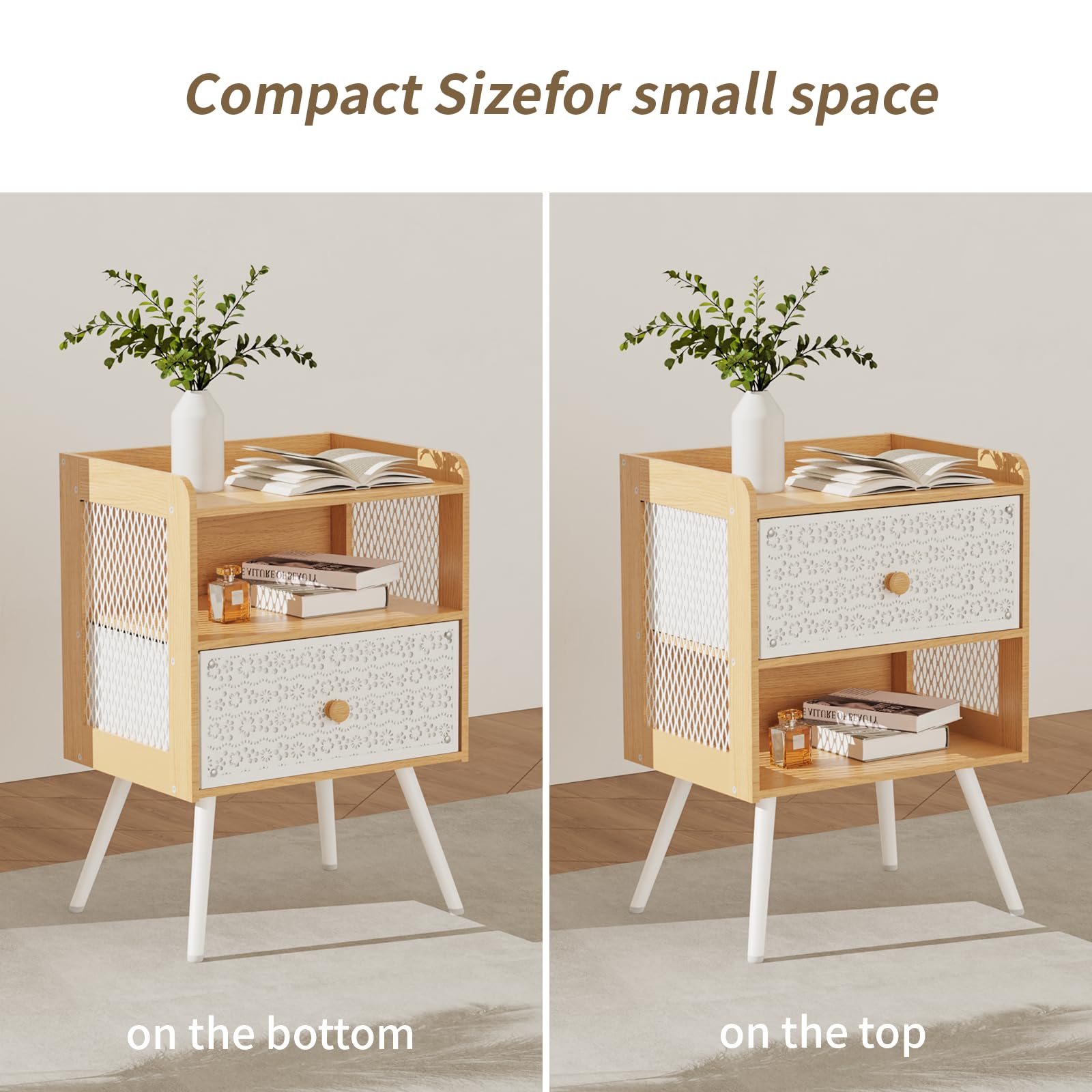Nightstand, Bedside Table with Metal Drawers, End Table with Open Shelf, 2-Tier Open Adjustable Metal Floral Drawer Night Stand for Sofa Side Table, Bedroom Bedside Table, Maple White