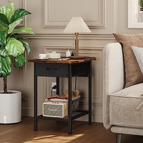 GYIIYUO Nightstands Set of 2 with Charging Station and Fabric Storage Drawer,16.5" x 15.8" Side Table with Storage for Bedroom, Bedside Tables with Steel Fram, Rustic Brown and Black