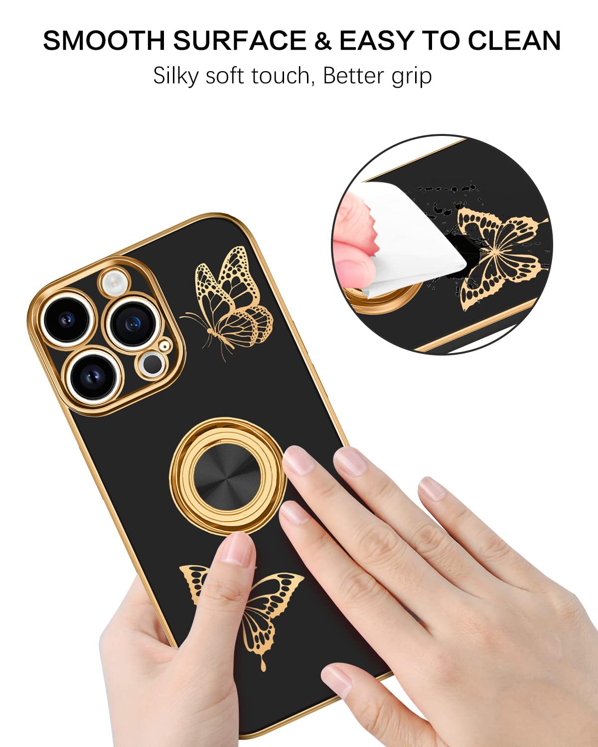 BENTOBEN for iPhone 14 Pro Max Case with Ring Holder, Butterfly Design Women Girl Phone Case Slim Fit Luxury Shockproof Non-Slip Support Car Mount Protective Case for iPhone 14 Pro Max 6.7",Black