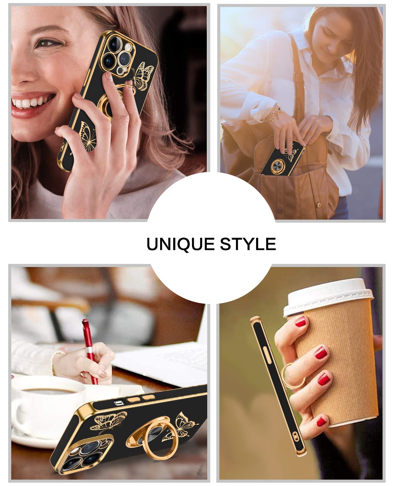 BENTOBEN for iPhone 14 Pro Max Case with Ring Holder, Butterfly Design Women Girl Phone Case Slim Fit Luxury Shockproof Non-Slip Support Car Mount Protective Case for iPhone 14 Pro Max 6.7",Black