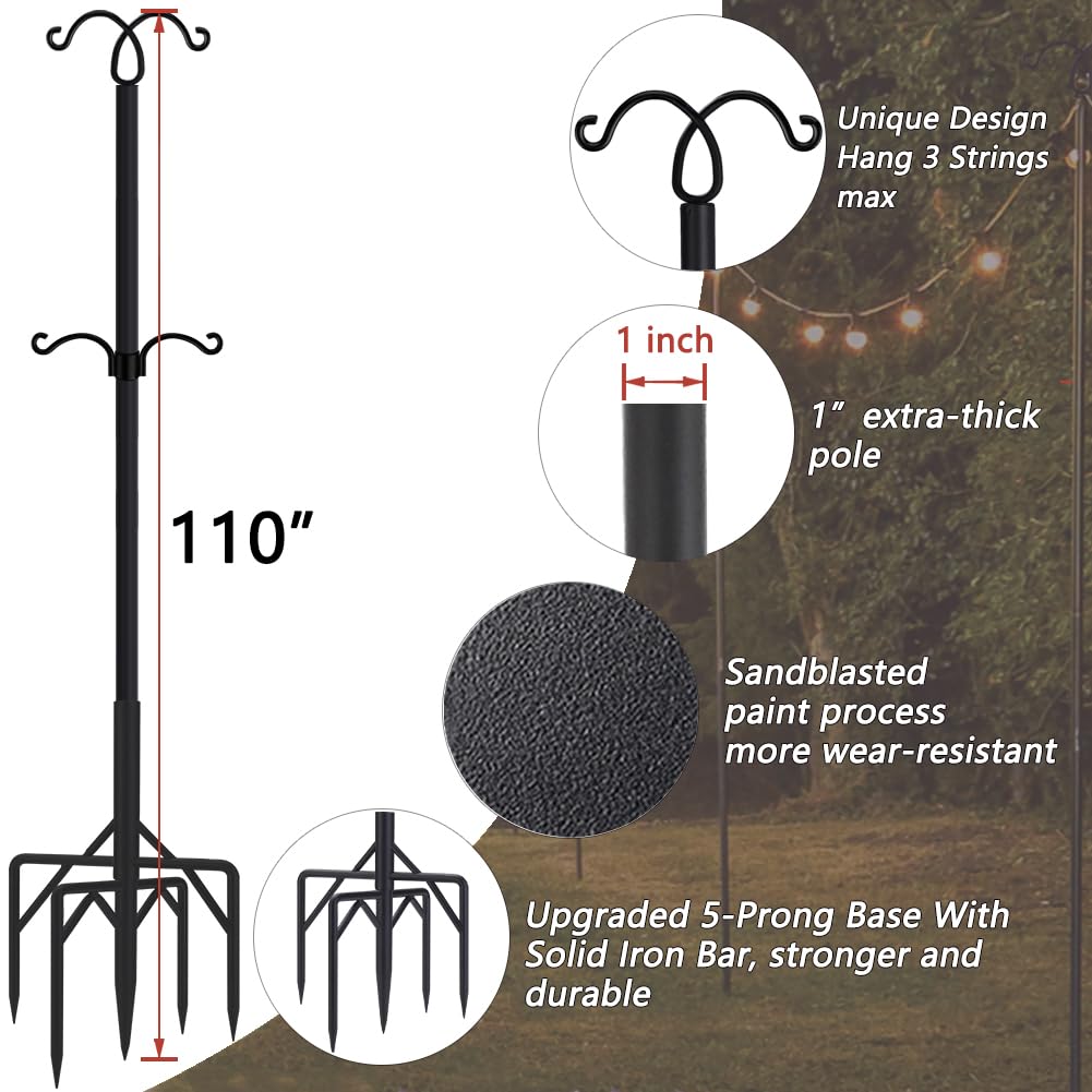RINLAIN String Light Poles 2 Pack,110IN Height Adjustable Metal Stand Pole with Hooks for Hanging String Lights,Garden, Backyard,Patio Lighting Stand for Parties,Wedding