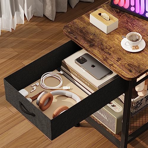 GYIIYUO Nightstands Set of 2 with Charging Station and Fabric Storage Drawer,16.5" x 15.8" Side Table with Storage for Bedroom, Bedside Tables with Steel Fram, Rustic Brown and Black