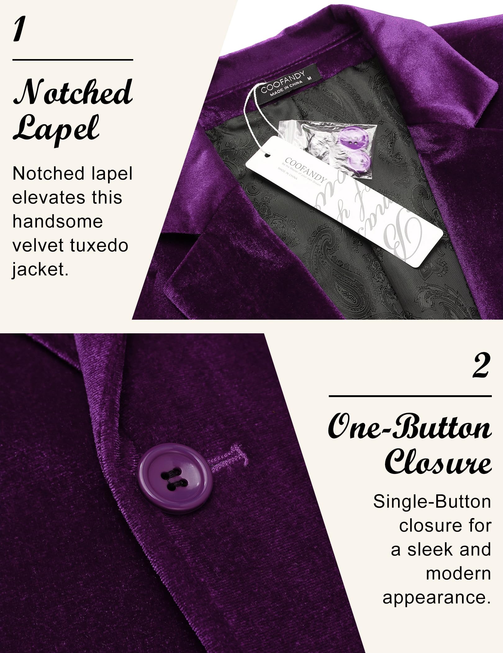 COOFANDY Velvet Tuxedo Jacket for Men Purple One Button Blazer Prom Party Jackets (Purple L)