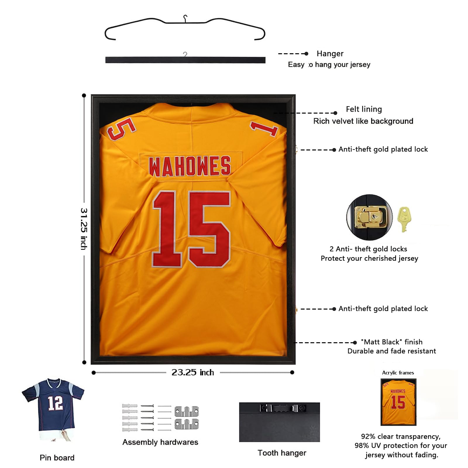 Tieeqe Jersey Frame Display Case - Lockable Shadow Box with 2 Wall Hangers and 98% UV Resistant Acrylic - Black Wood