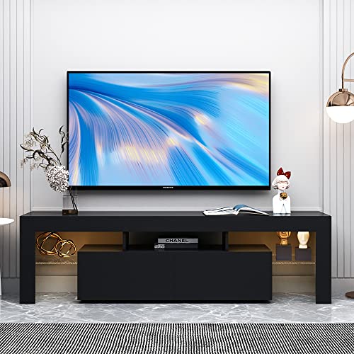 LED TV Stand for 70 Inch TV, Entertainment Center with Storage, Tall Black Modern 65 60 55 50 Stands Living Room