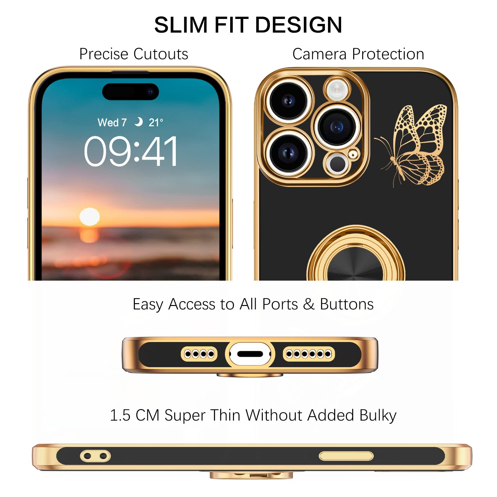 BENTOBEN for iPhone 14 Pro Max Case with Ring Holder, Butterfly Design Women Girl Phone Case Slim Fit Luxury Shockproof Non-Slip Support Car Mount Protective Case for iPhone 14 Pro Max 6.7",Black