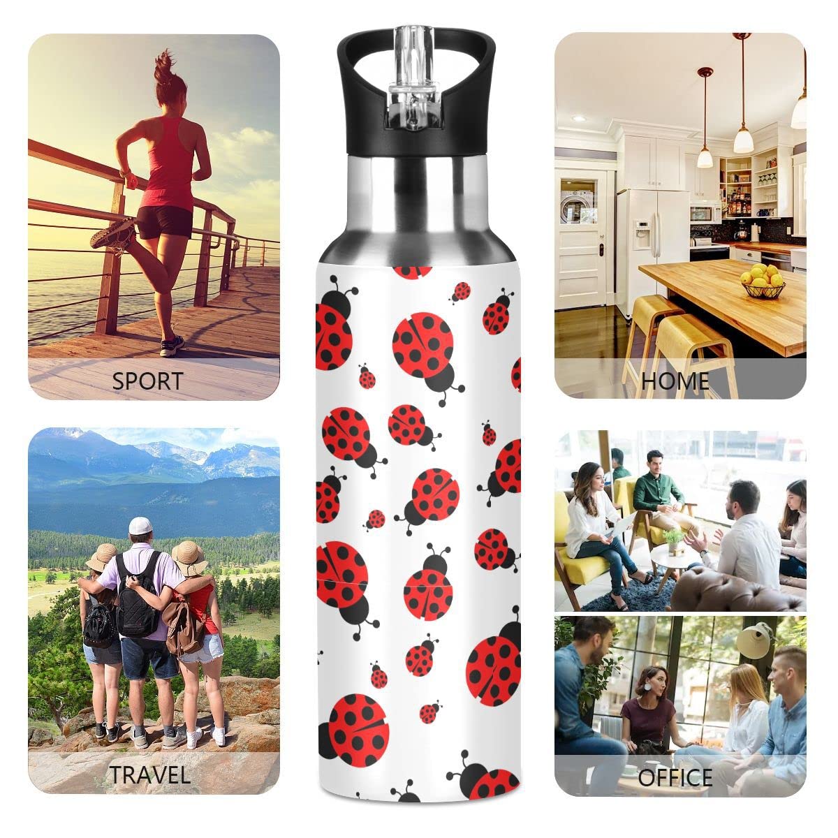 xigua Ladybug Water Bottle Double Walled Stainless Steel Leak Proof Thermo Flask for Sports Gym Cycling Outdoor,33 oz.