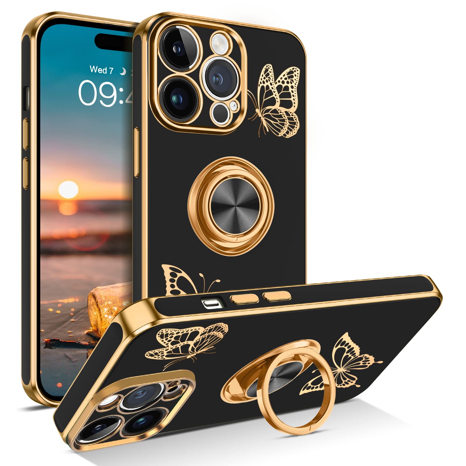 BENTOBEN for iPhone 14 Pro Max Case with Ring Holder, Butterfly Design Women Girl Phone Case Slim Fit Luxury Shockproof Non-Slip Support Car Mount Protective Case for iPhone 14 Pro Max 6.7",Black