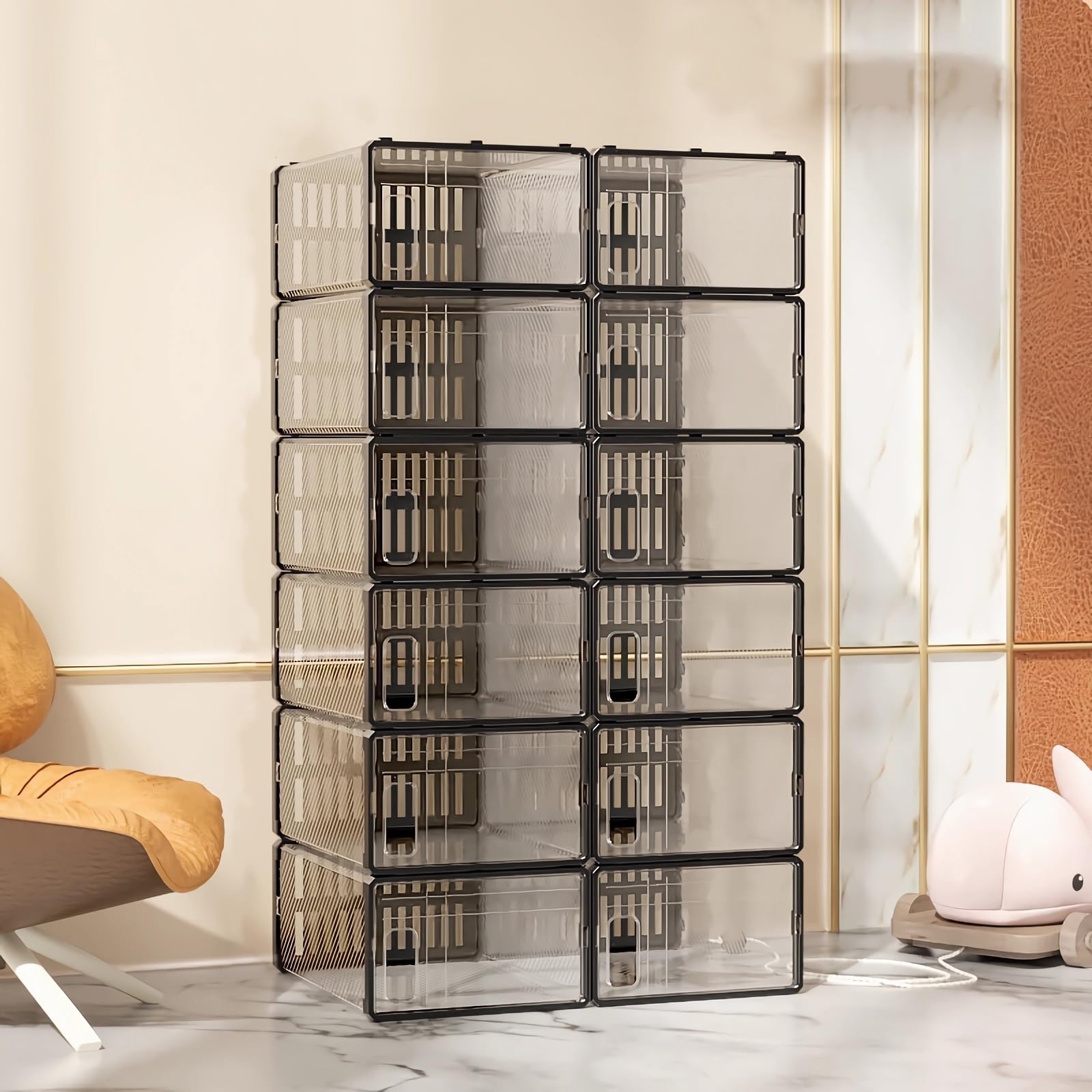 JOCHER 12 Pack Modern Black Plastic Shoe Boxes, Sturdy Flip Top Lids, Space Saving Foldable Shoe Organizer Boxes with Lids, Holds 12 Pairs of Shoes, Ideal for Bathroom Closet, Bedroom, Entryway