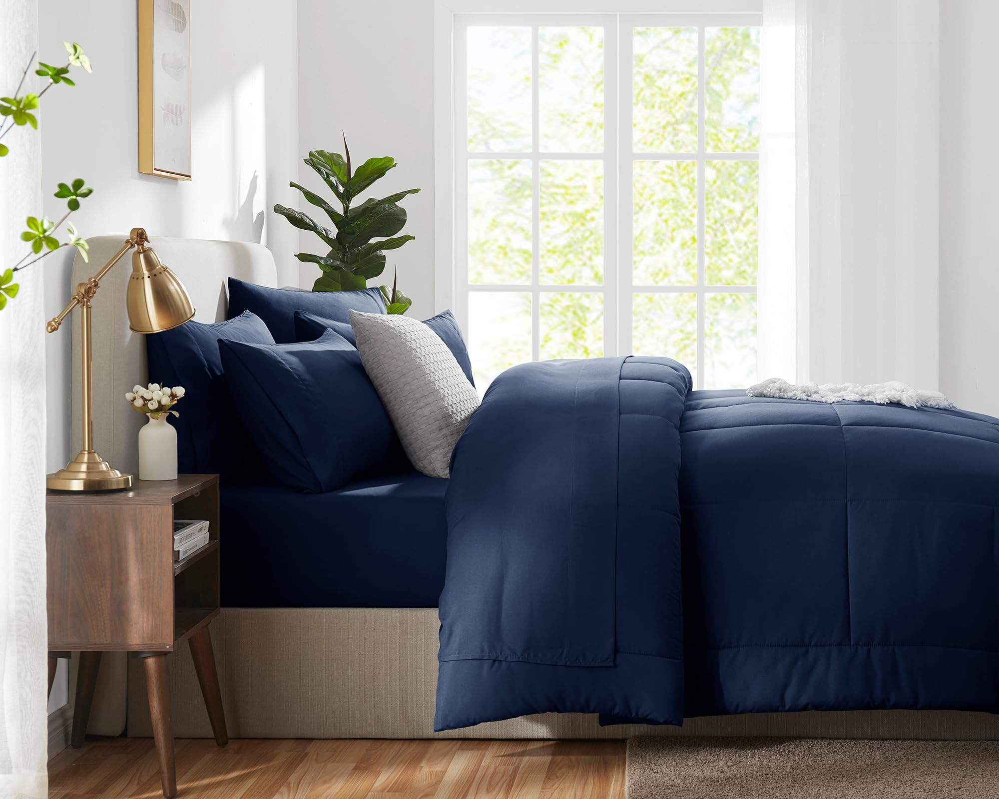 CozyLux Navy Blue Bed in a Bag - 7 Piece Comforter Set, Quilted Comforter (Queen), All Season, Flat & Fitted Sheets, Pillowcases