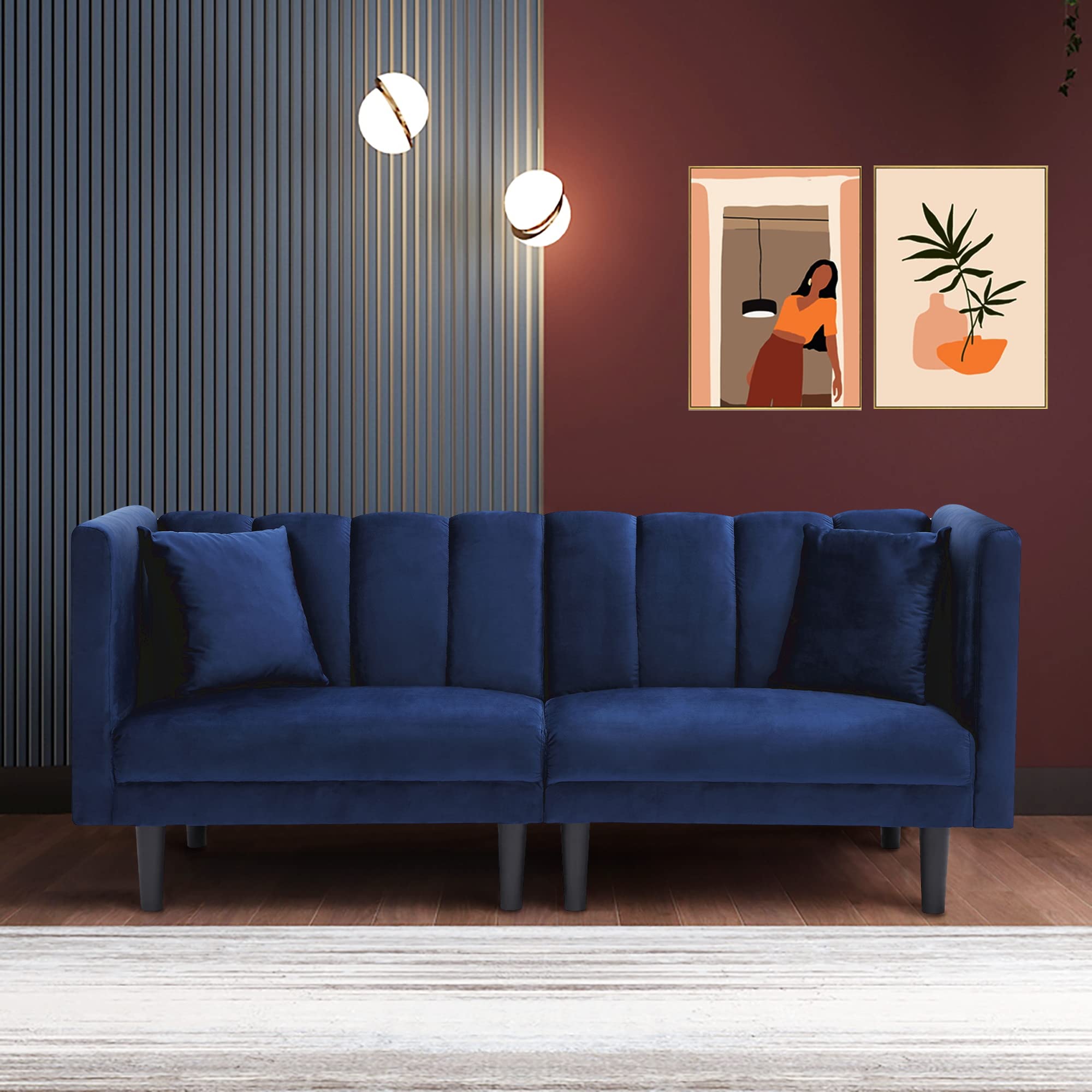 Lepfun Futon Bed Convertible Velvet, Modern Sleeper Sofa with 2 Pillows, 3 Adjustable Angles for Backrest,Living Room Couch with 7 Sturdy Metal Legs,Upholstered Loveseat for Home,Office,Navy Blue