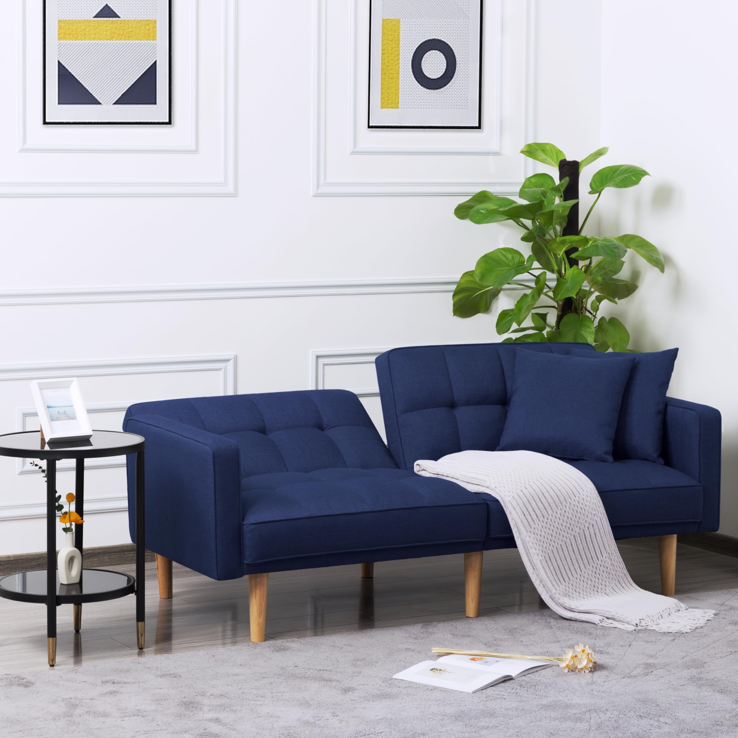 LCH Modern Tuft Futon Couch Convertible Loveseat Reclining Twin Size with Arms and 2 Pillows for Living Room, Navy Blue, Sleeper Sofa Bed 2