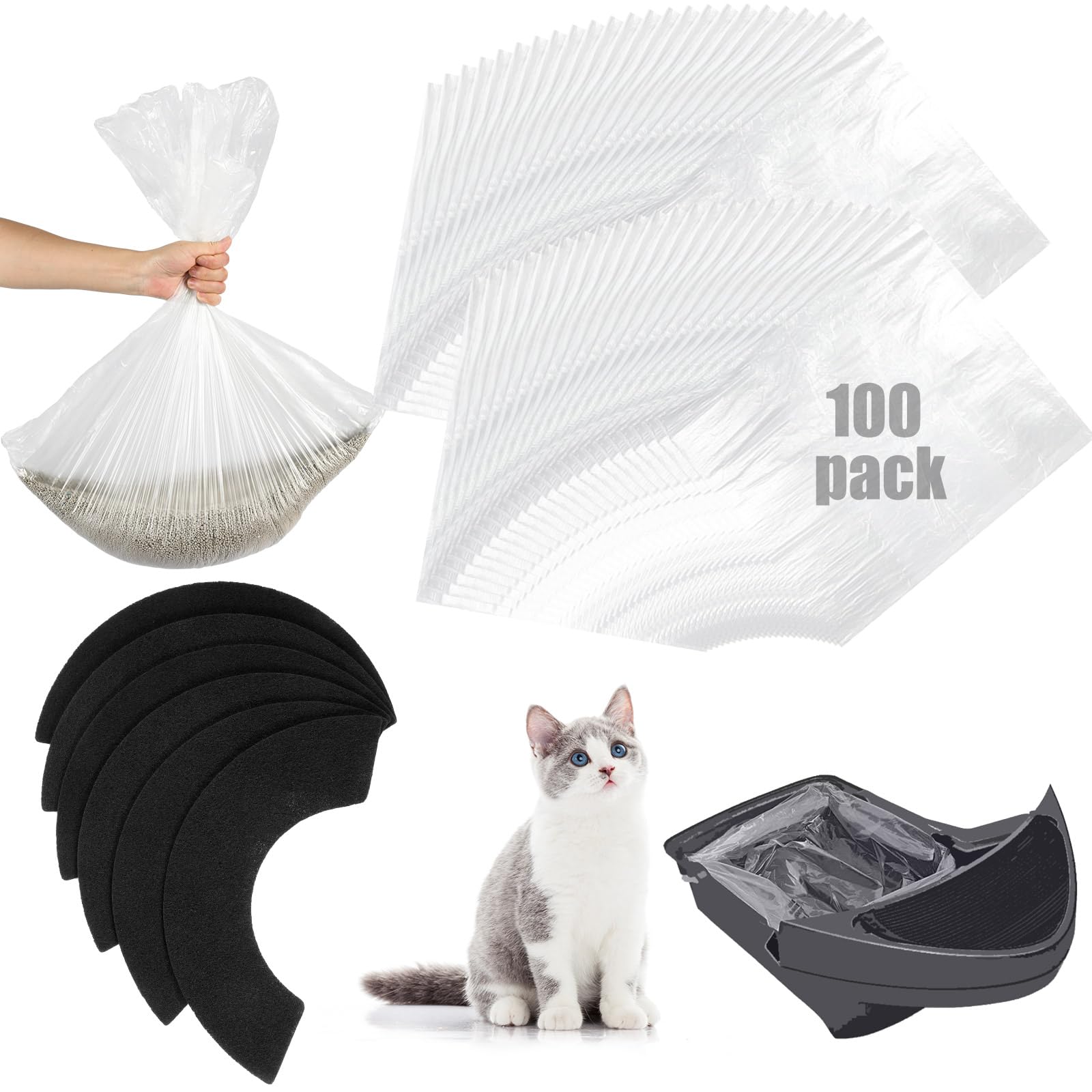 Sweetude 100 Pcs Waste Drawer Liners Compatible with Litter-Robot Models, Replacement Liner Bags and 6 Pack Carbon Filter, Cat Litter Bags Compatible with Litter-Robot 4 for Cat Odors Absorb