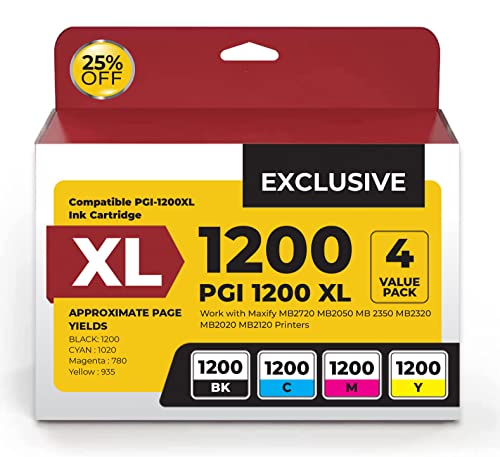 Canon PGi-1200XL Compatible Ink Cartridges Value Ink. Works with Maxify MB2720 MB2320 MB2120 MB2350 MB2050 MB2020 Printers. 4 Pack Black, Cyan, Magenta, Yellow